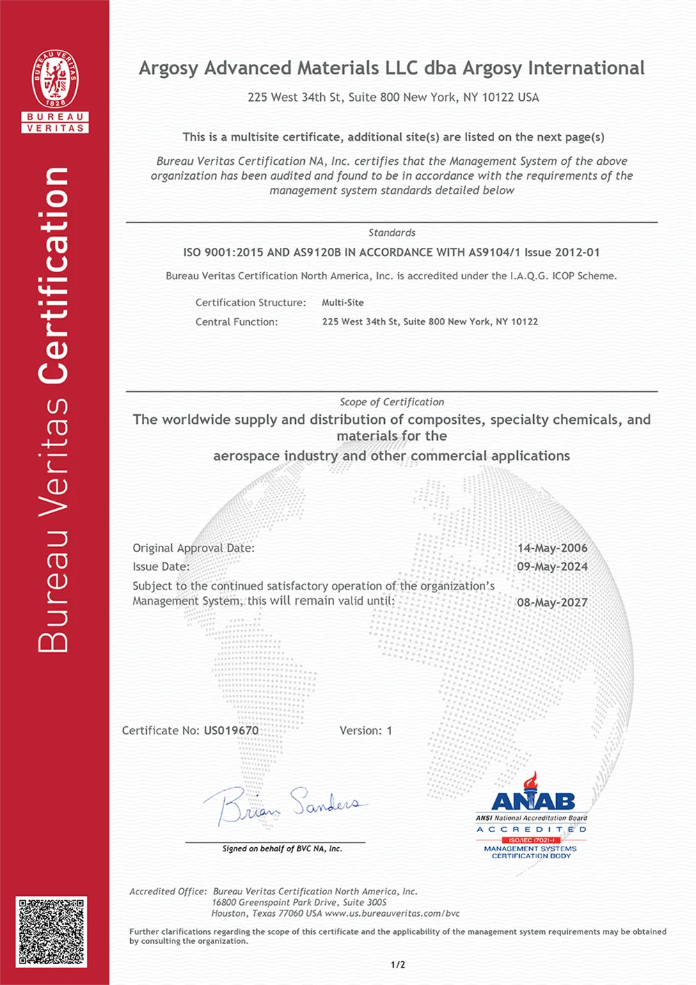 ISO 9001:2015 / AS 9120B CERTIFICATE - Argosy International