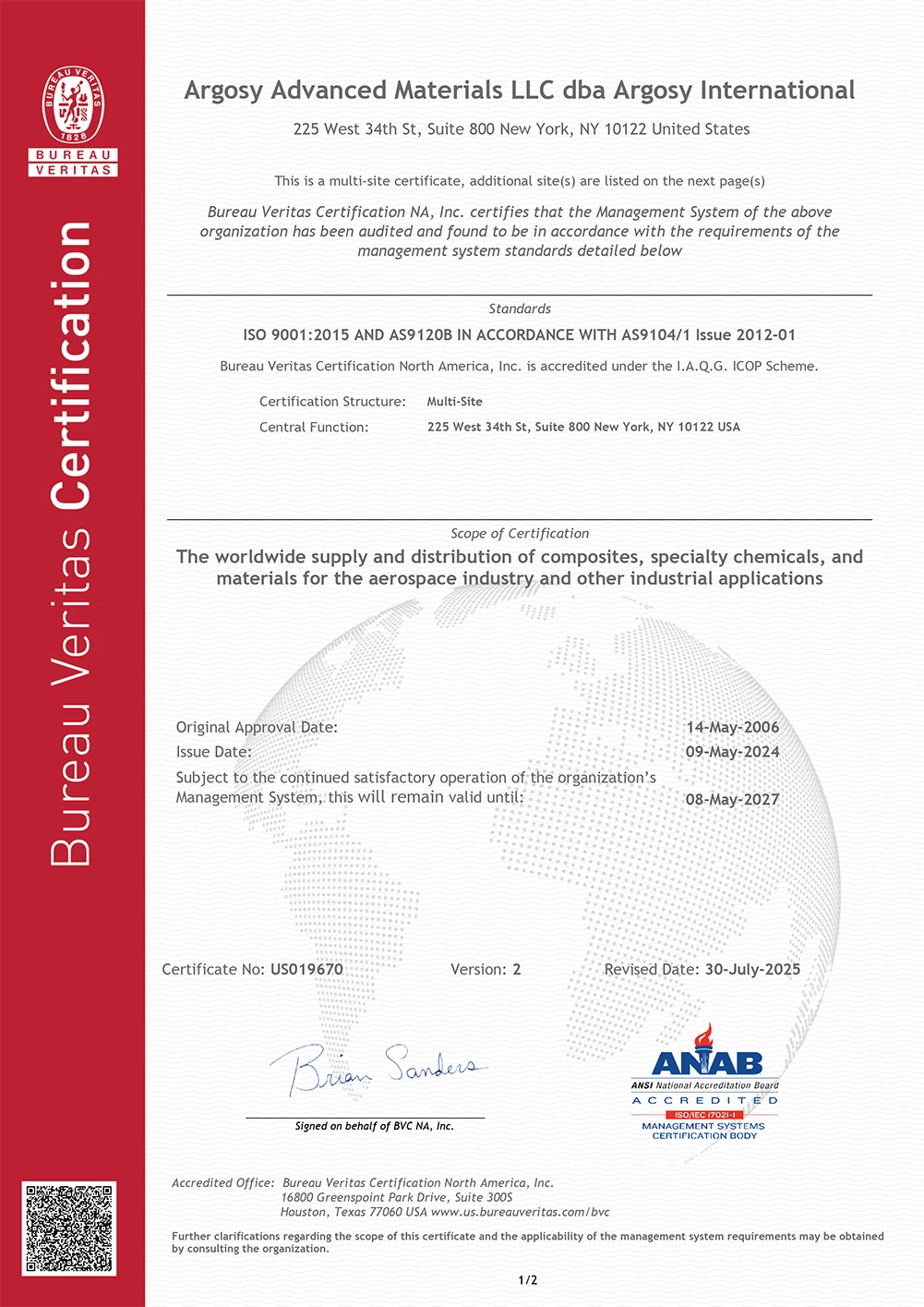 ISO 9001:2015 / AS 9120B CERTIFICATE - Argosy International